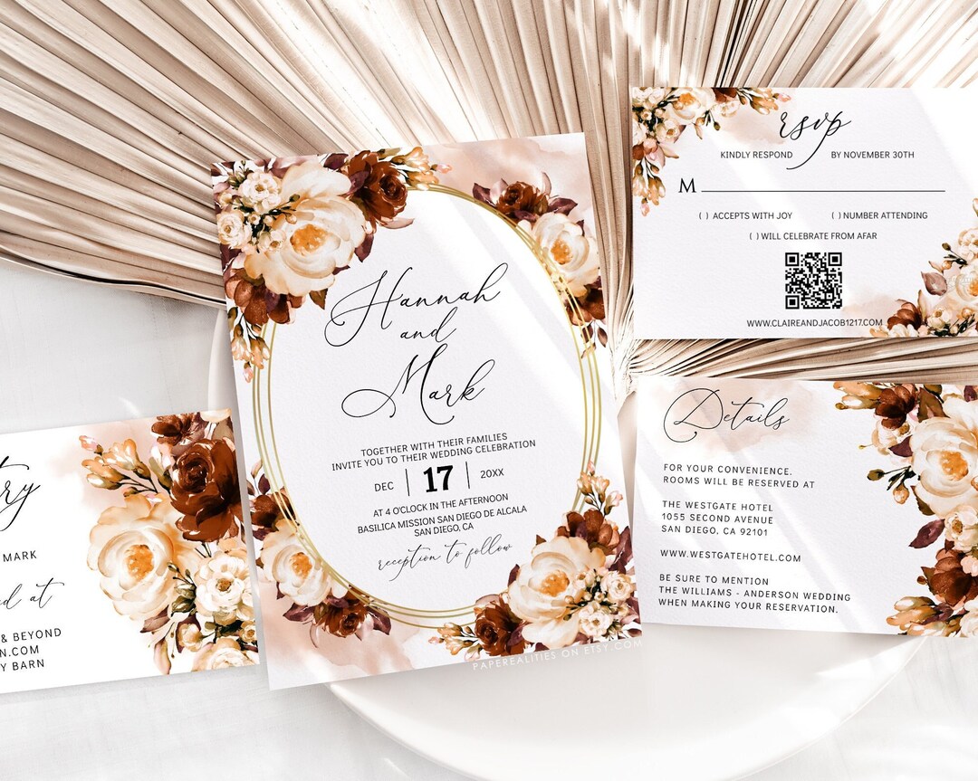Burnt Orange Wedding Invitation Template Set, Terracotta Wedding ...