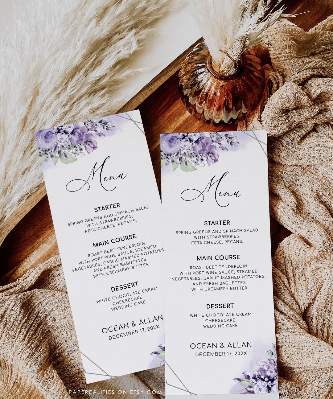 Lavender Lilac Wedding Menu Template Download, Editable Menu Card ...