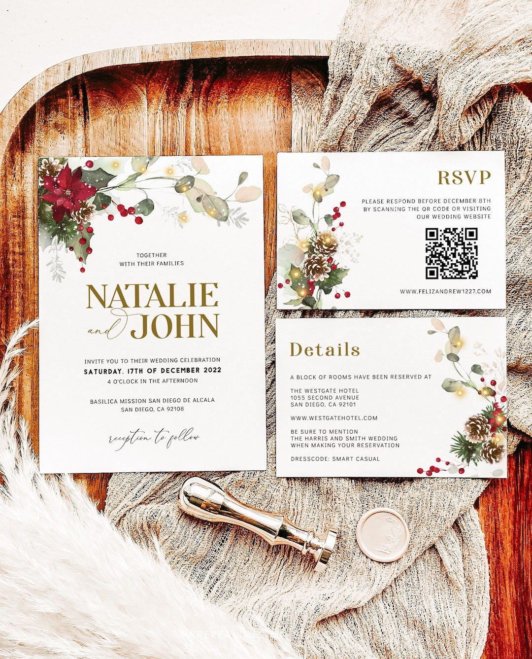 Christmas Wedding Invitation Set: Poinsettia Holly Design (digital ...