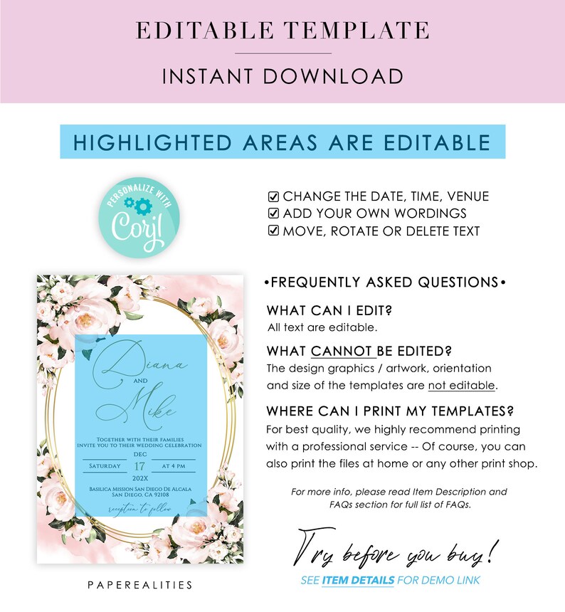 Blush Pink Floral Wedding Invitation Template (digital Download) - Etsy