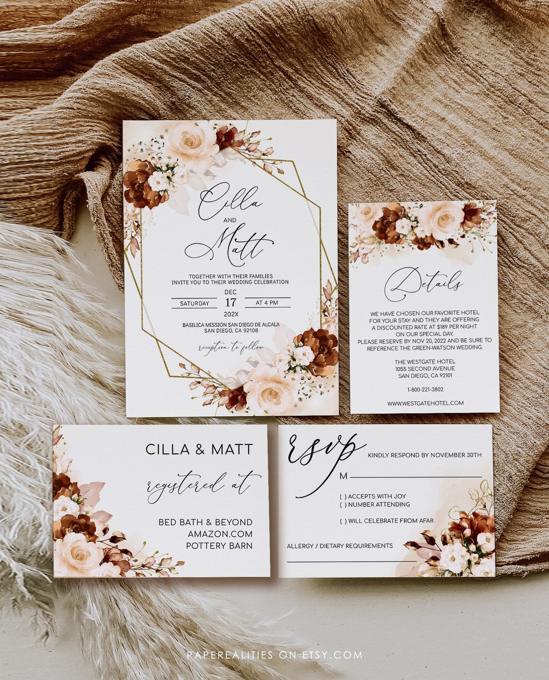 CILLA Rust Boho Wedding Invitation Template Burnt Orange - Etsy