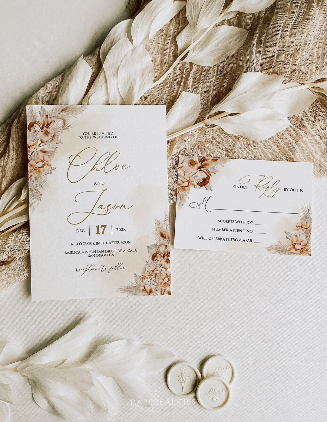 Plantilla de invitación de boda neutra Pampas Grass Wedding Dusty Orange Boho Beach Wedding ...
