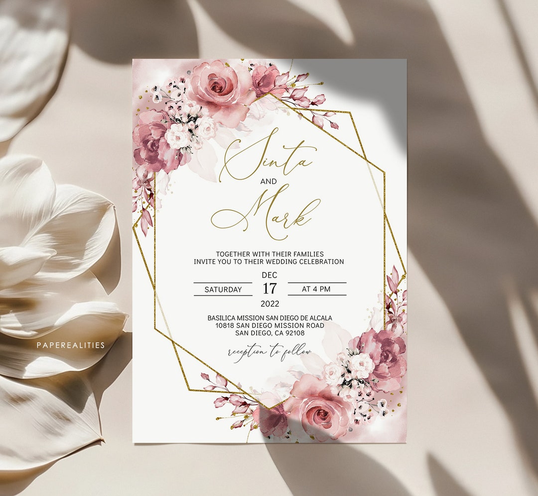 Dusty Rose Floral Wedding Invitation Template (digital Download) - Etsy ...