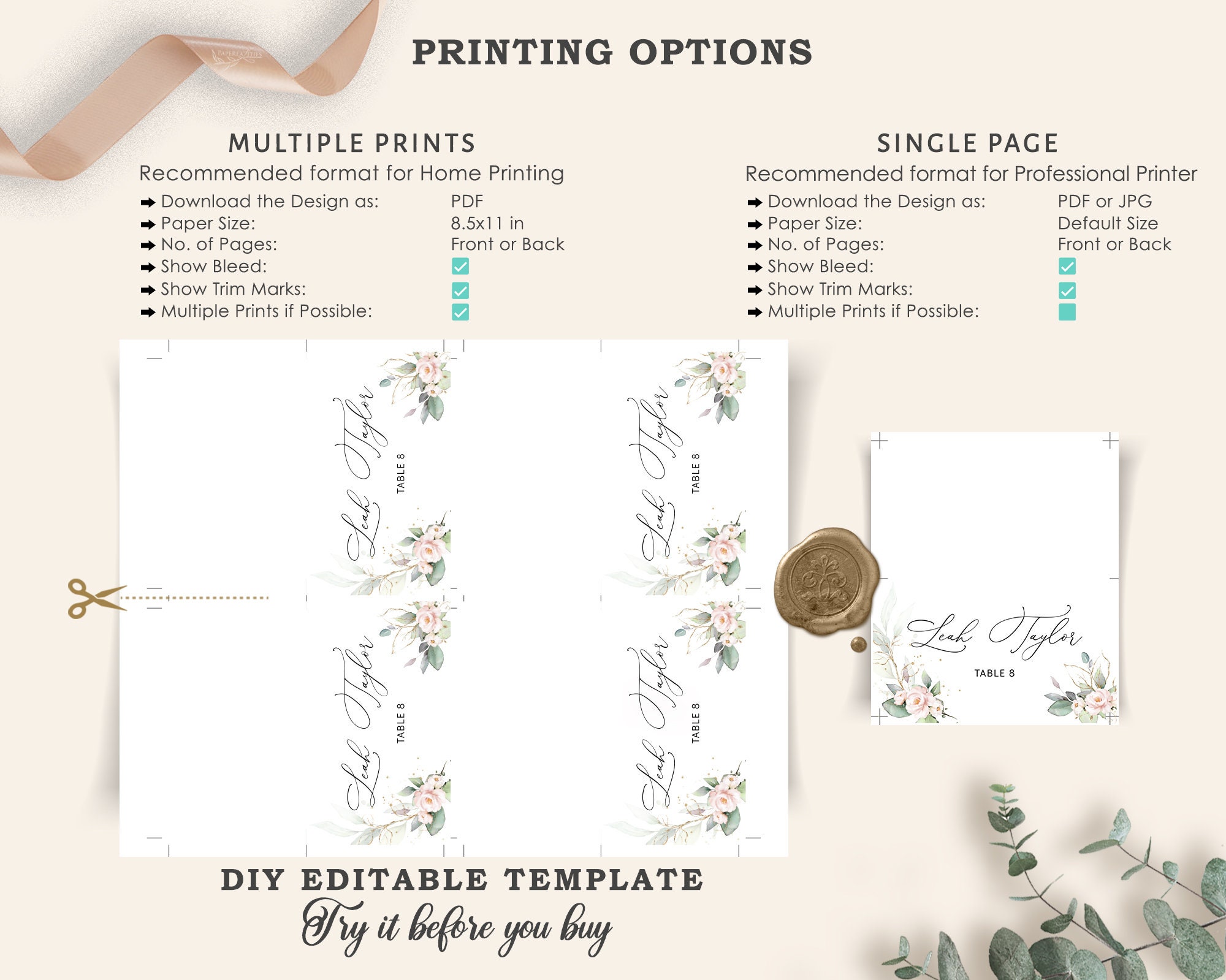 ELLIE Printable Wedding Place Card Template Wedding Name | Etsy