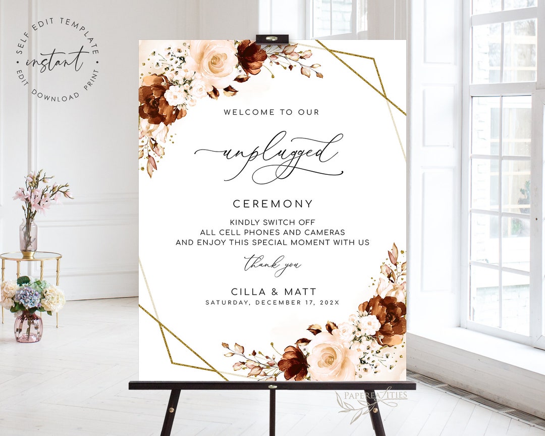 CILLA - Burnt Orange Floral Unplugged Ceremony Sign Template, Unplugged ...