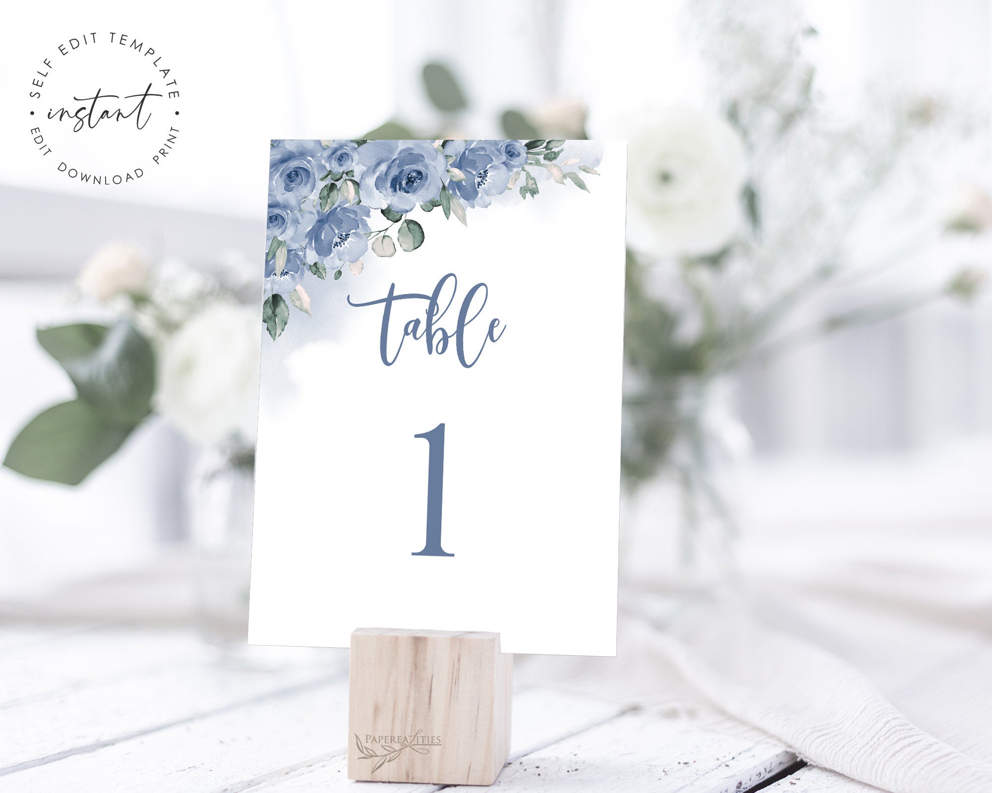 Dusty Blue Floral Table Number Template: Editable Bridal Shower ...