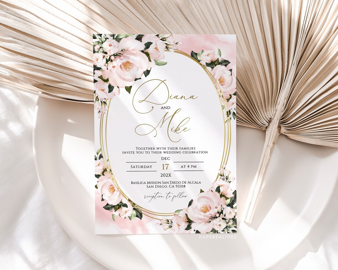 Blush Pink and Gold Wedding Invitation Template, Soft Pink Floral ...