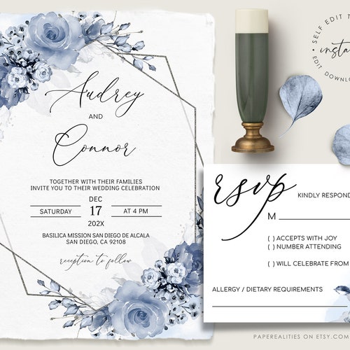 Dusty Blue Wedding Invitation Template Wedding Invite - Etsy