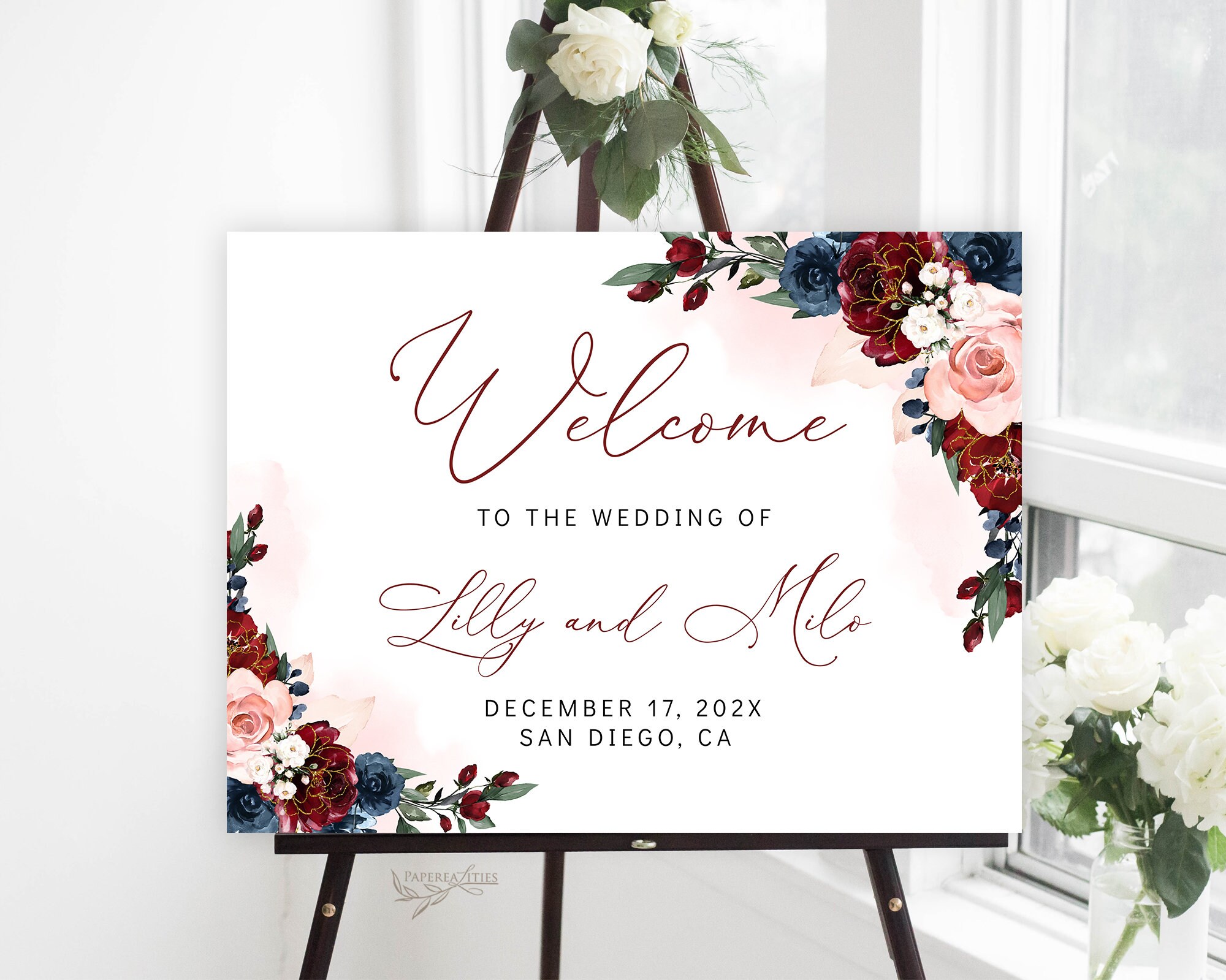 LILLY Navy Burgundy Wedding Welcome Sign Template Floral | Etsy