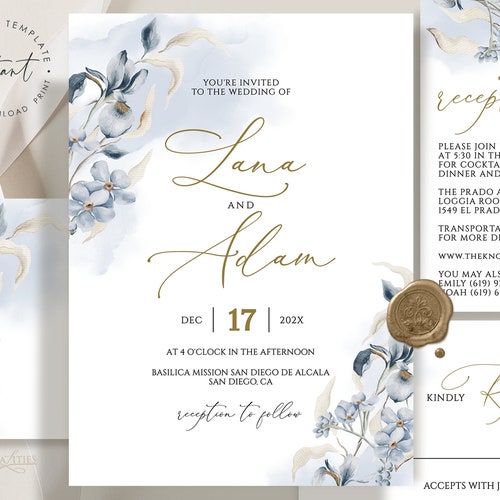 Dusty Blue Wedding Invitation Template Wedding Invite - Etsy