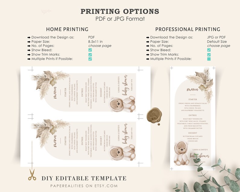 Bear Baby Shower Menu Template Printable Editable Baby Shower | Etsy