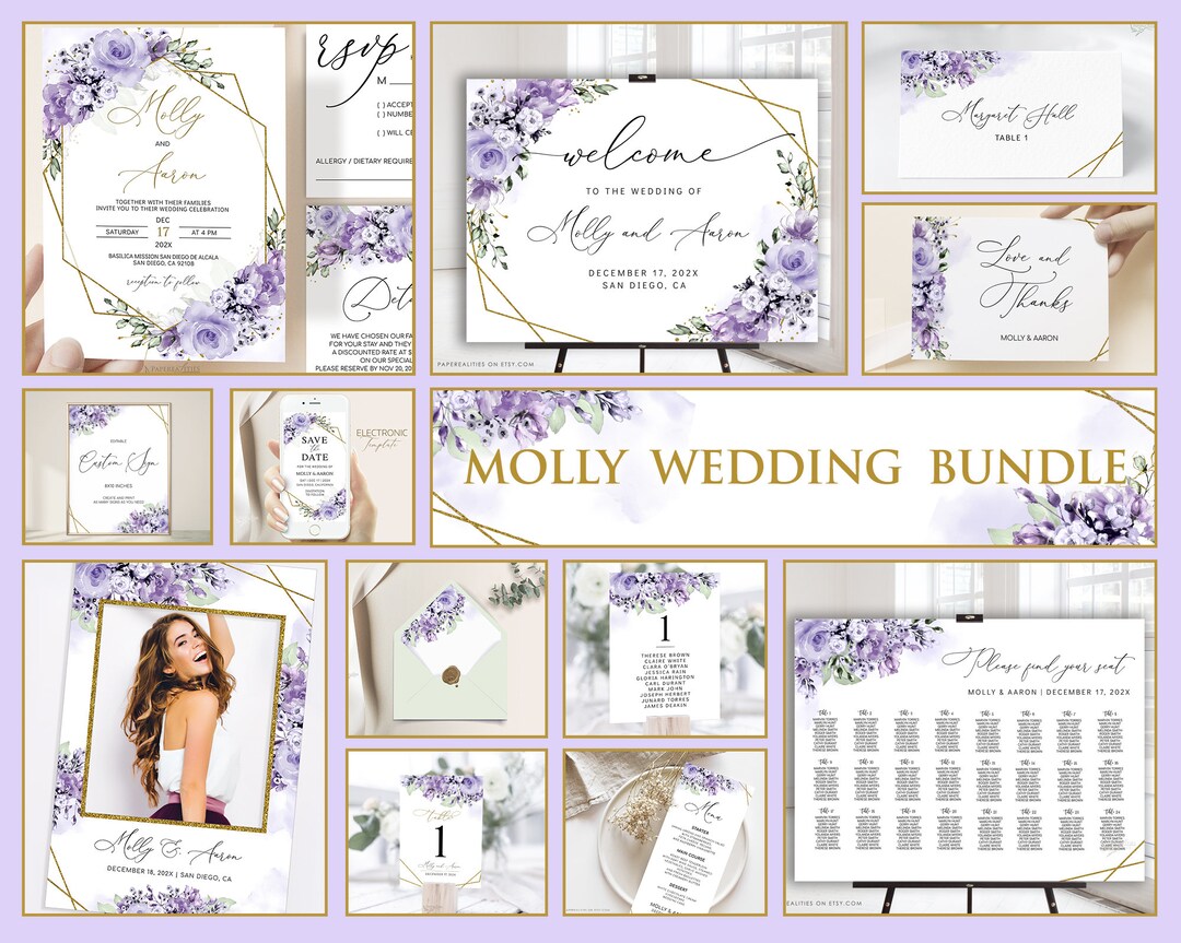 MOLLY Lilac Wedding Invitation Template Bundle, Sage and Lavender ...