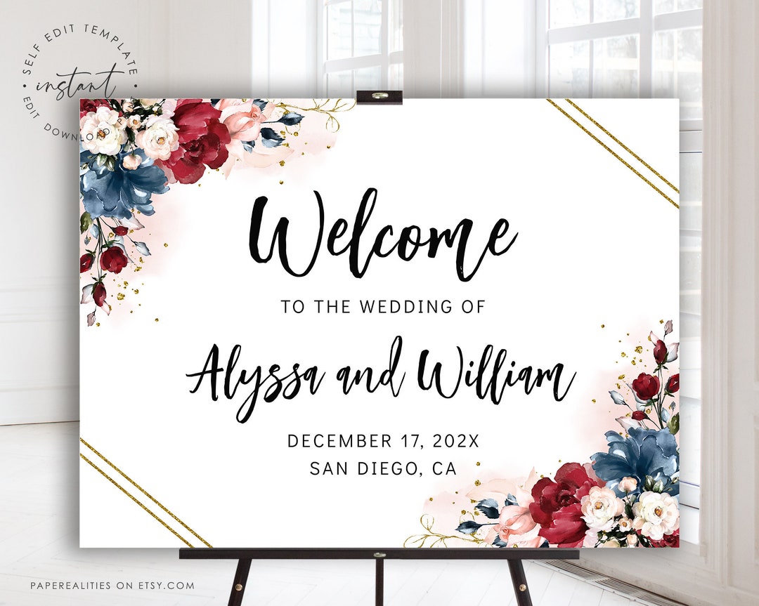 Burgundy Navy Wedding Welcome Sign Template, Navy Blue Blush Pink ...