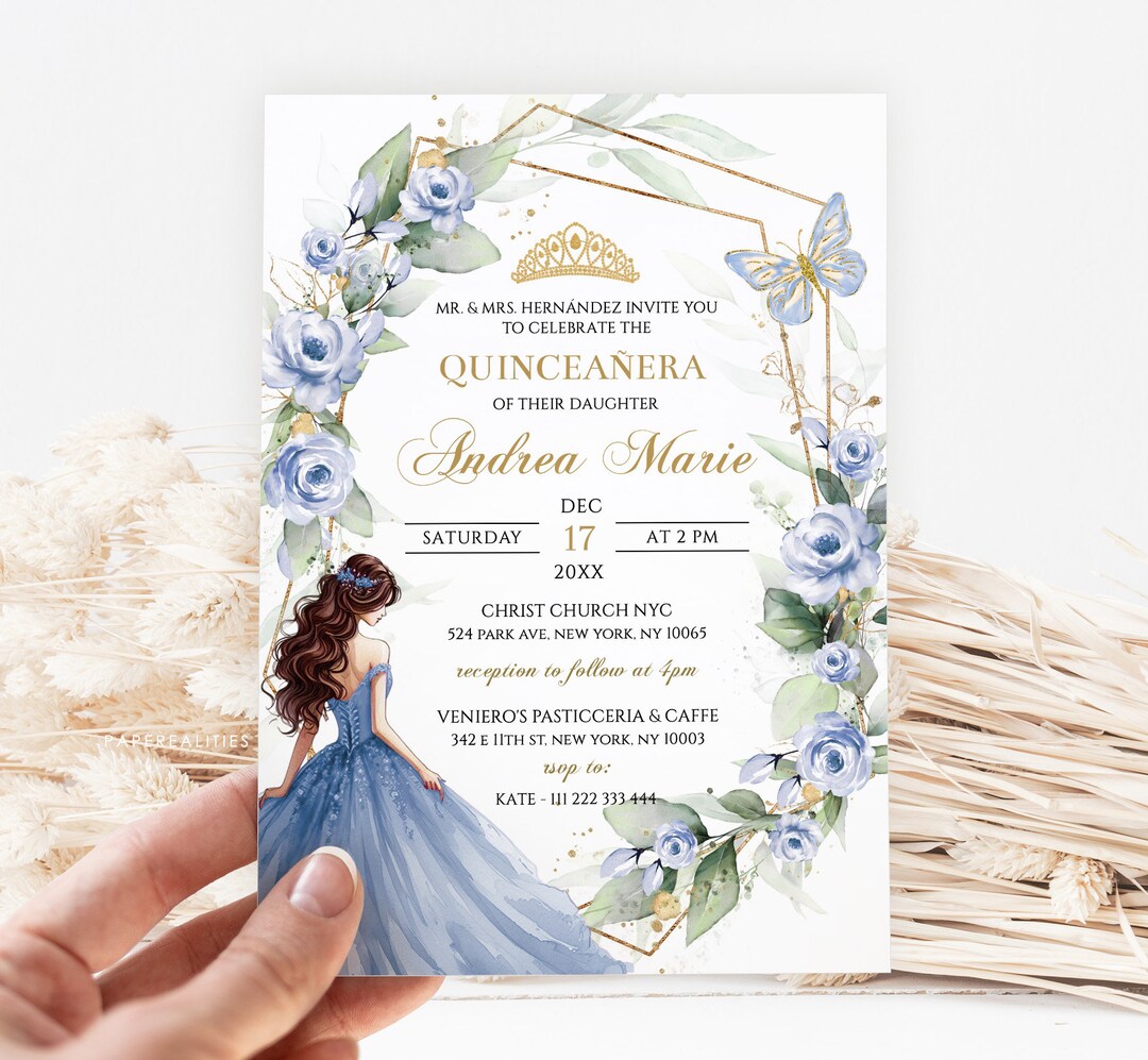 Editable Quinceañera Invitation Template, Blue Floral Gold Quinceanera ...
