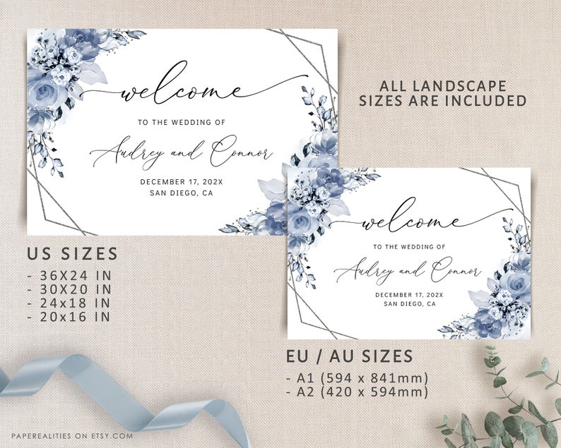AUDREY Dusty Blue Wedding Welcome Sign Template Landscape | Etsy
