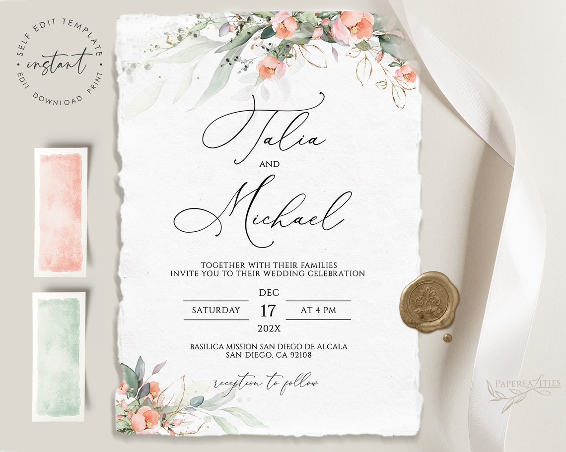 Peach Floral Wedding Invitation Template Editable Wedding - Etsy