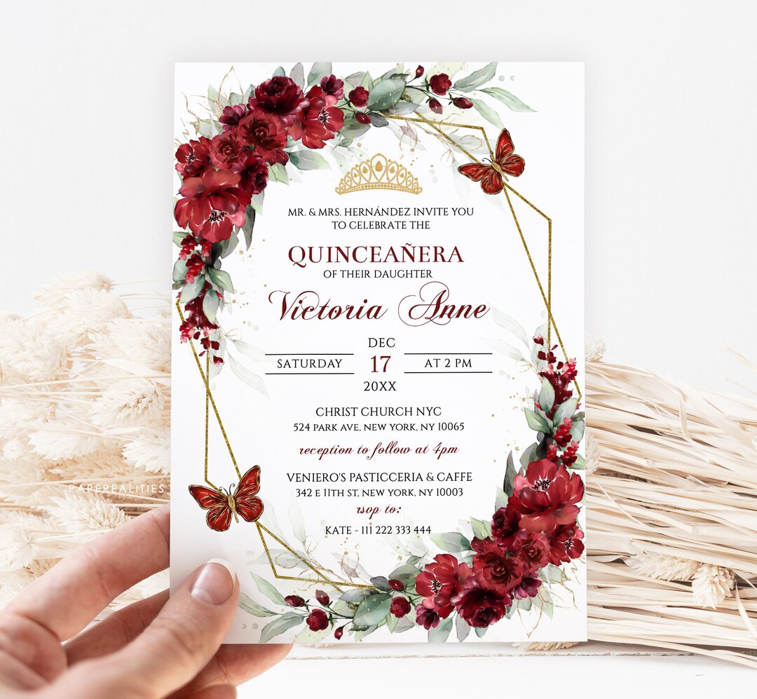 Editable Quinceañera Invitation Template, Burgundy Red Floral ...