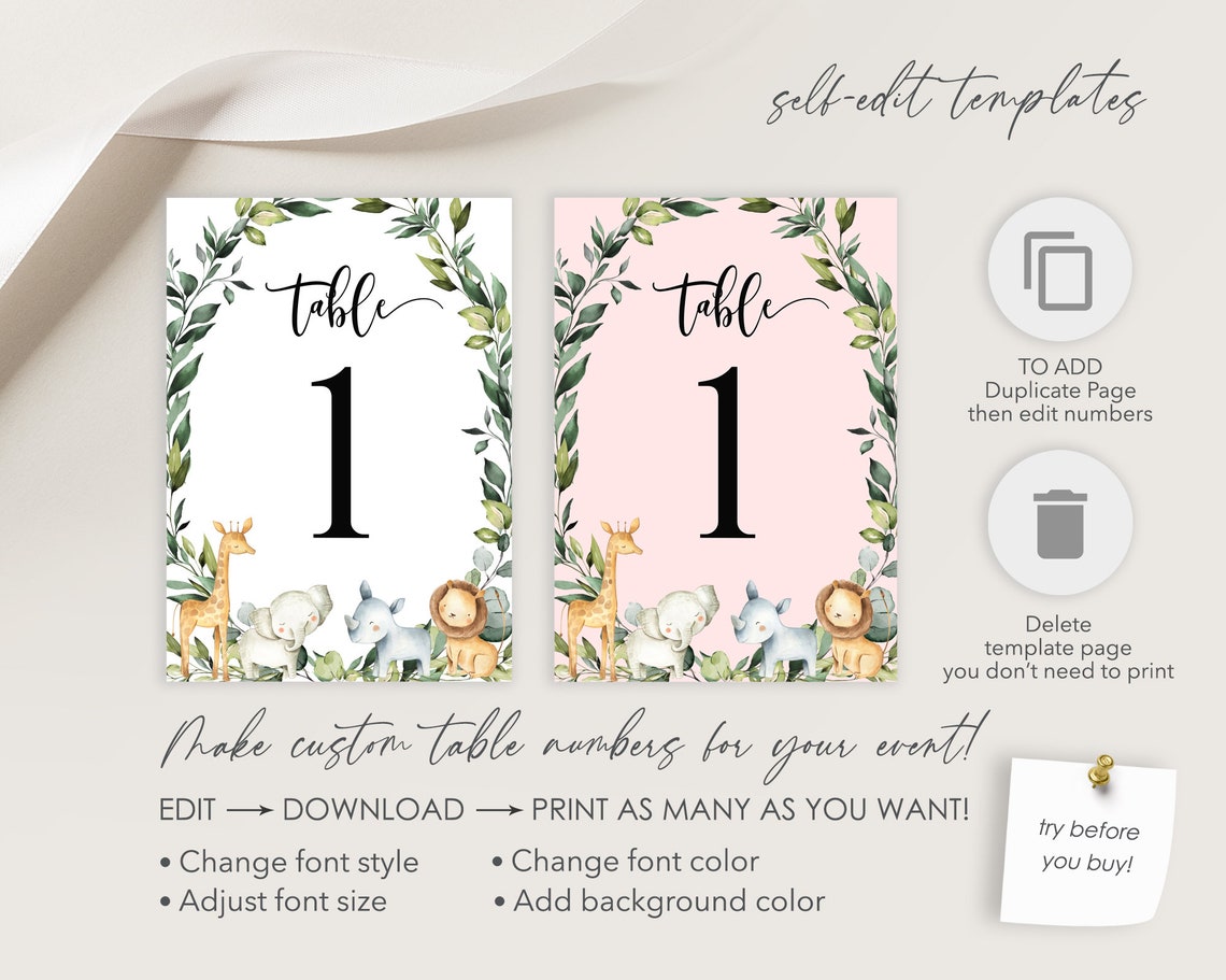 Safari Baby Shower Table Number Template: Greenery Jungle Animals ...