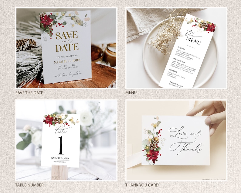 Christmas Wedding Invitation Bundle: Red Poinsettia, Winter Holly ...