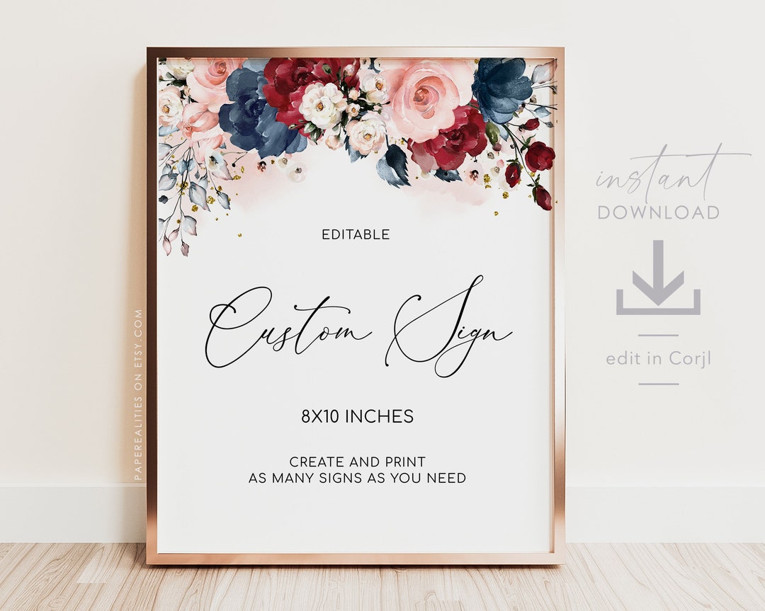 Floral Wedding Table Sign Template: Navy Burgundy (digital Download) - Etsy