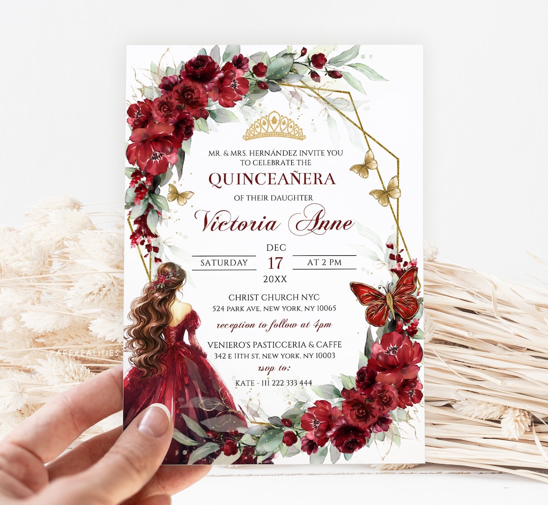 Editable Quinceañera Invitation Template, Burgundy Red Quinceanera ...