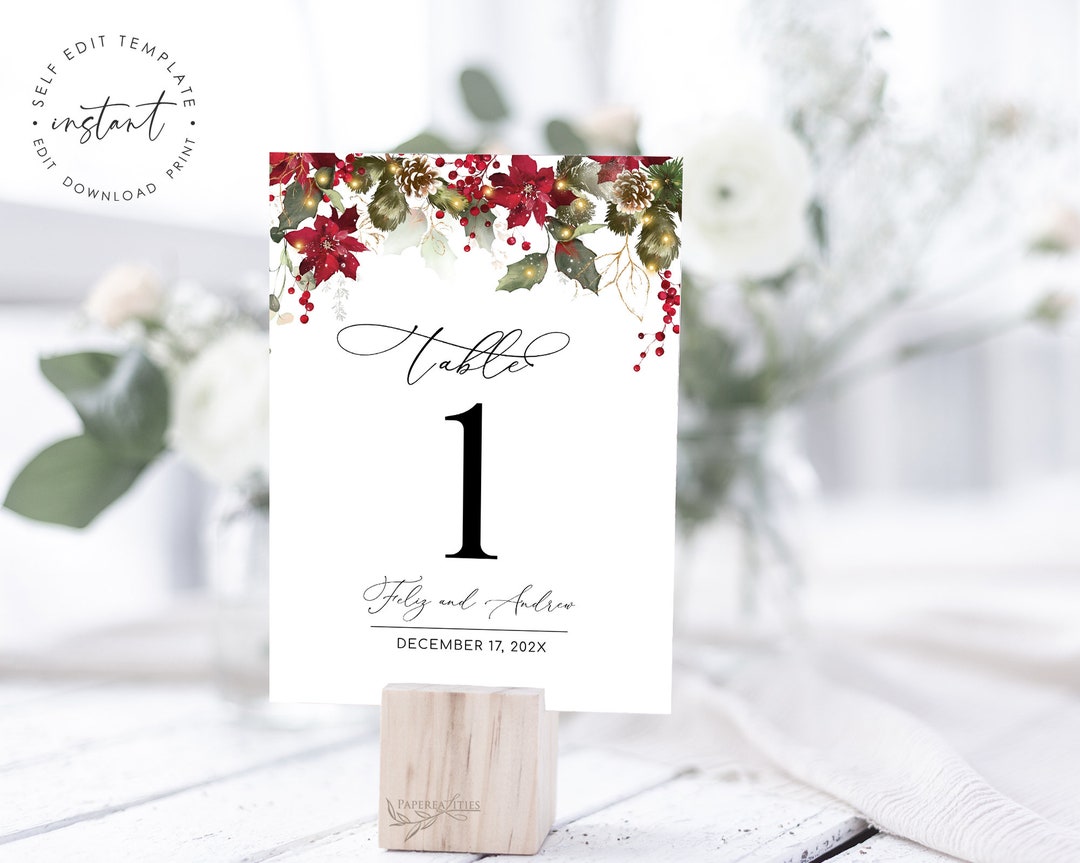Winter Wedding Table Number Template, Christmas Themed Table Number ...