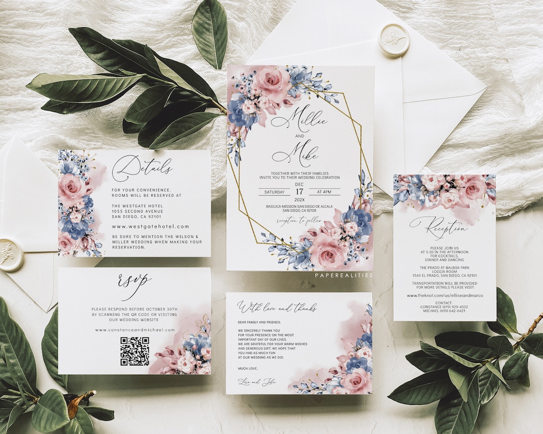Dusty Blue Dusty Rose Wedding Invitation Suite Template, Dusty Blue ...