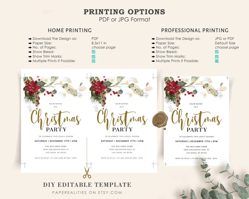 Editable Christmas Party Invitation: Poinsettia & Holly (digital ...