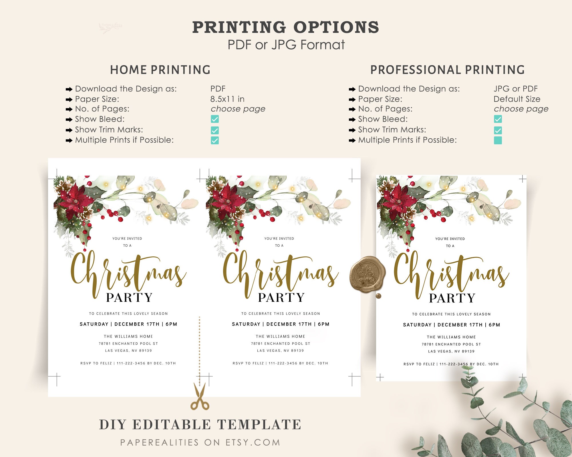 Editable Christmas Party Invitation: Poinsettia & Holly (digital ...
