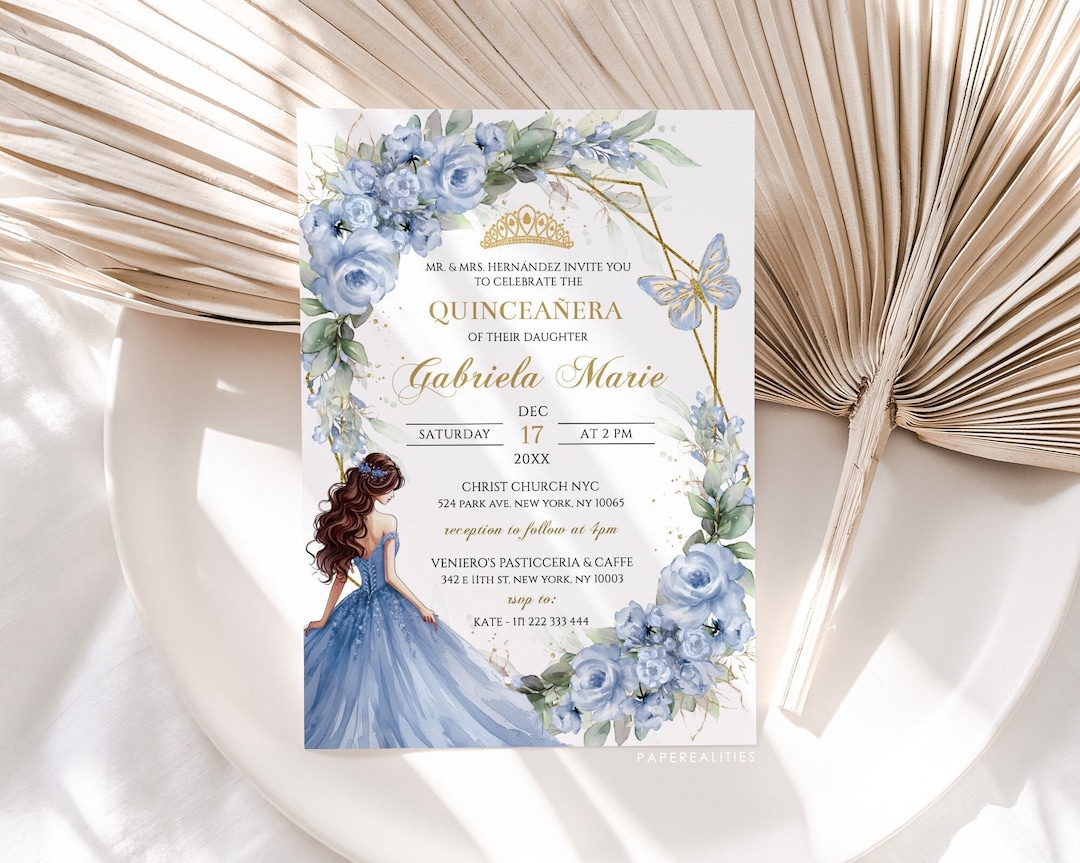 Dusty Blue Floral Quinceañera Invitation Template (DIY Editable) - Etsy