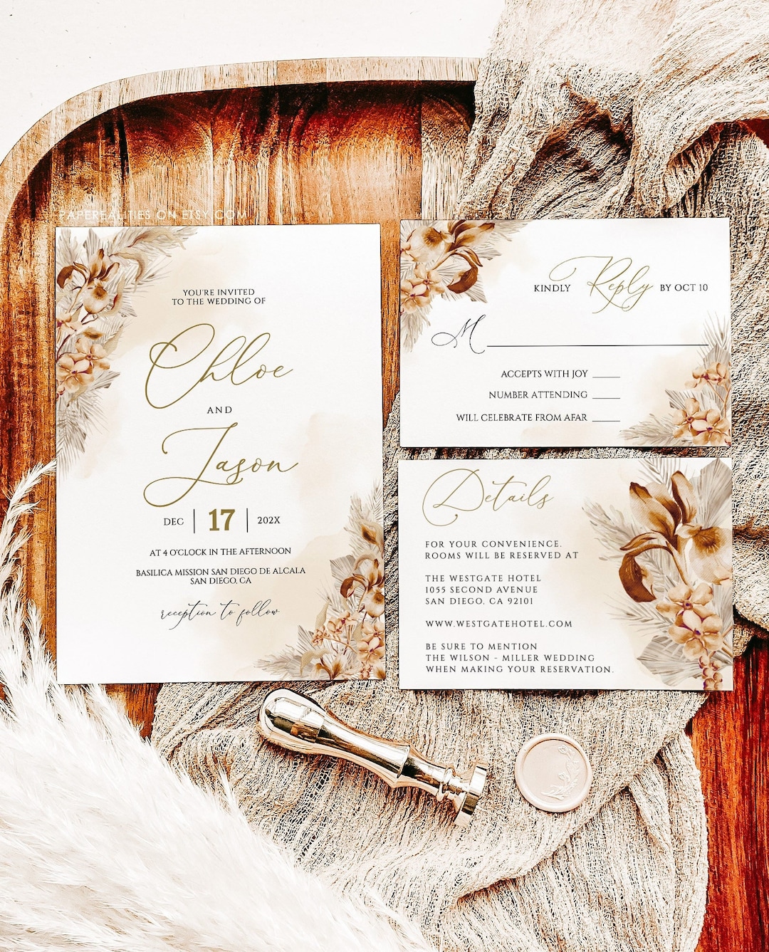 CHLOE Boho Neutral Wedding Invitation Template, Modern Beige Wedding ...