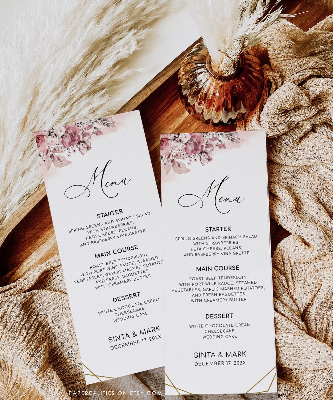 Dusty Rose Floral Wedding Menu Template (digital Download) - Etsy