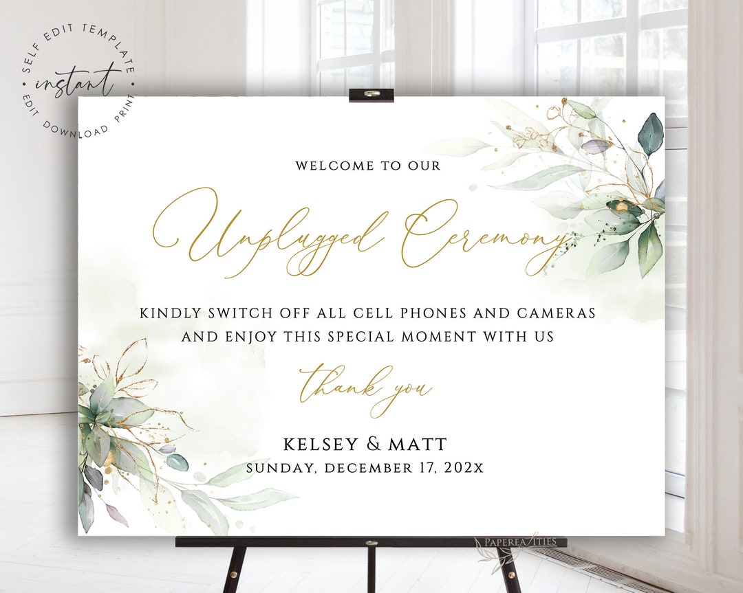 KELSEY - Greenery Unplugged Ceremony Sign Template, Unplugged Wedding ...