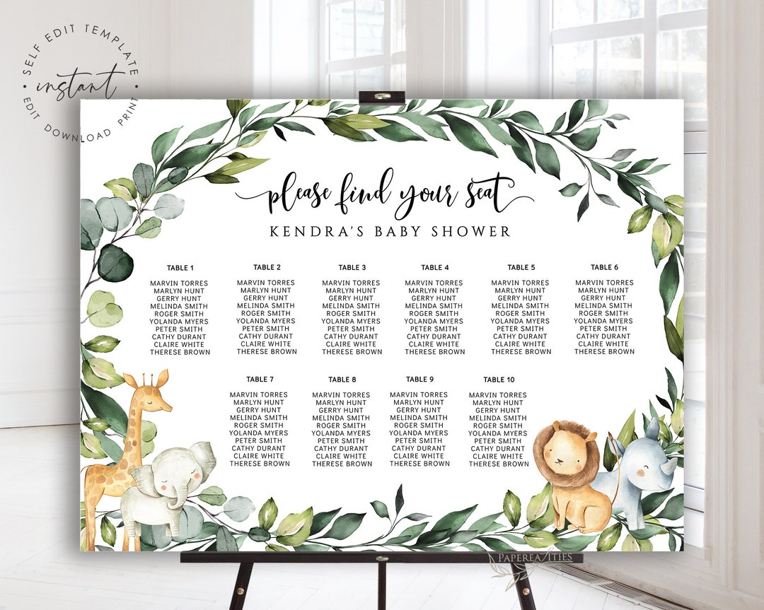 Safari Baby Shower Seating Chart: Greenery Jungle Animals (digital ...