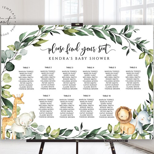 Tropical Safari Animals Seating Chart Template Jungle Baby - Etsy
