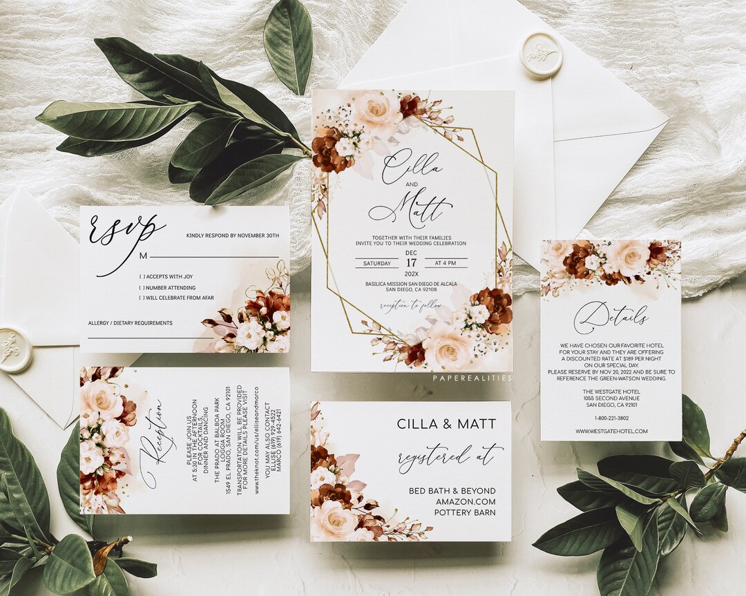 CILLA - Rust Boho Wedding Invitation Template, Burnt Orange Wedding ...