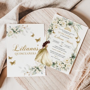 Champagne White and Gold Quinceañera Invitation Template, Gold Quince ...