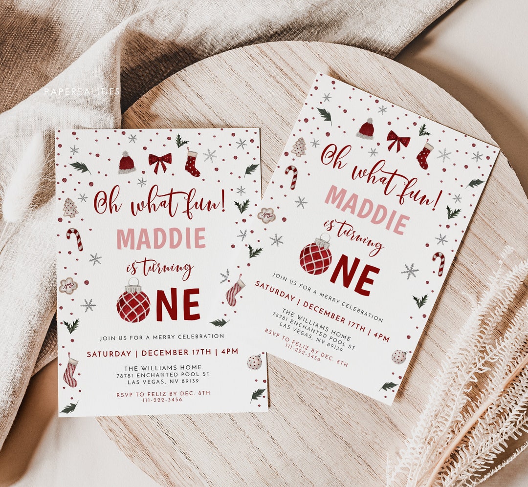Editable Christmas Birthday Invitation Template Oh What Fun Girl 1st ...