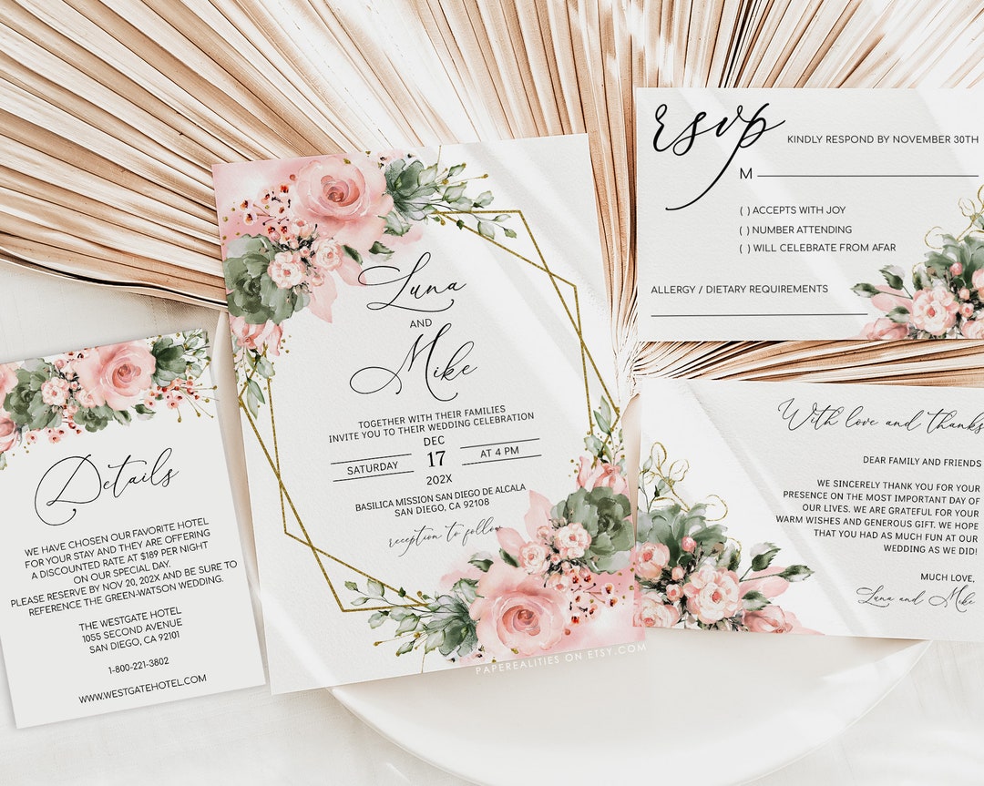 Sage Green Blush Pink Wedding Invitation Template, Summer Wedding ...