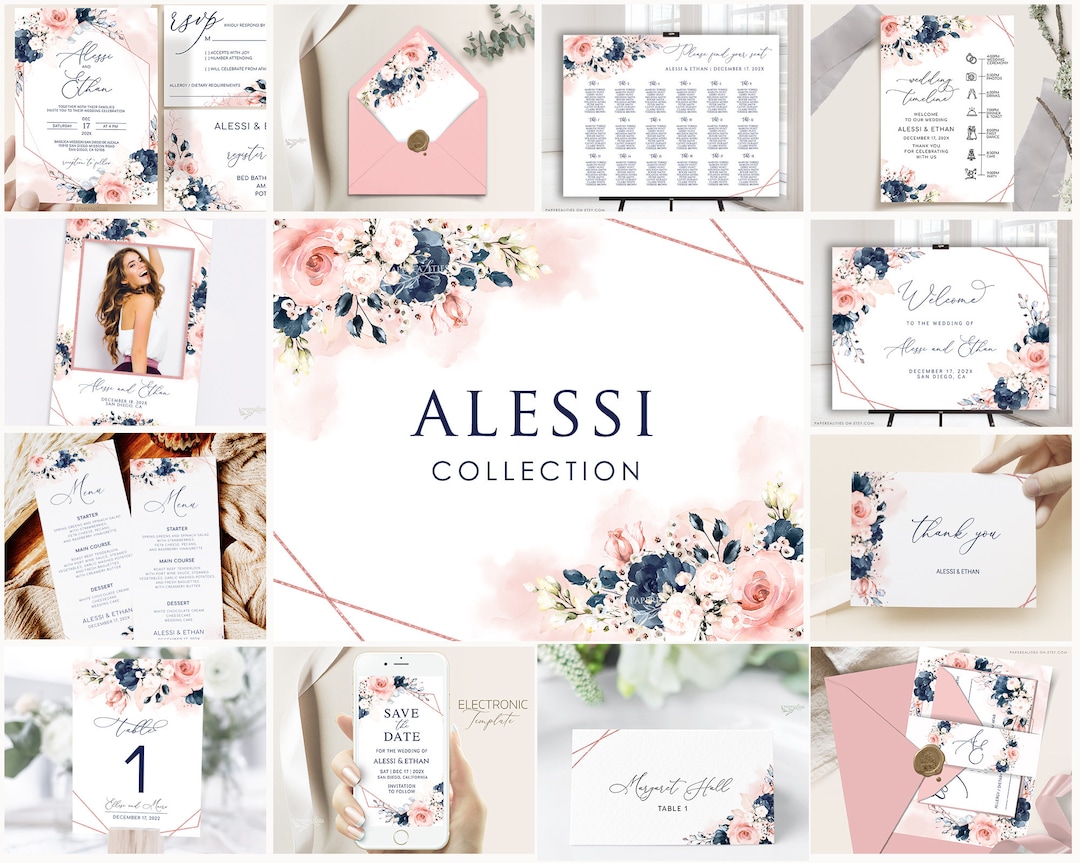 ALESSI - Rose Gold Geometric Wedding Invitation Template Download, Printable Editable Wedding ...