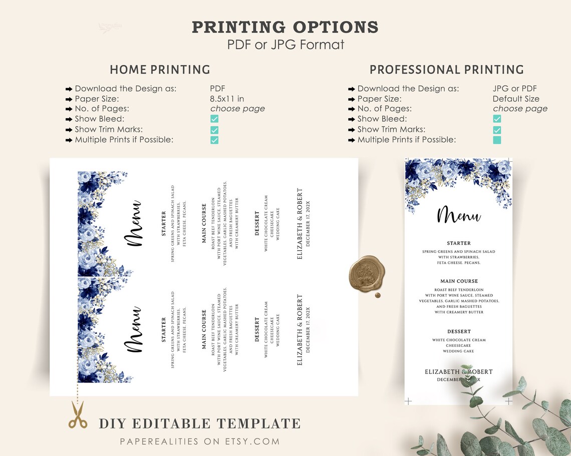 ELIZA Navy Blue Menu Template Printable Editable Menu Card - Etsy