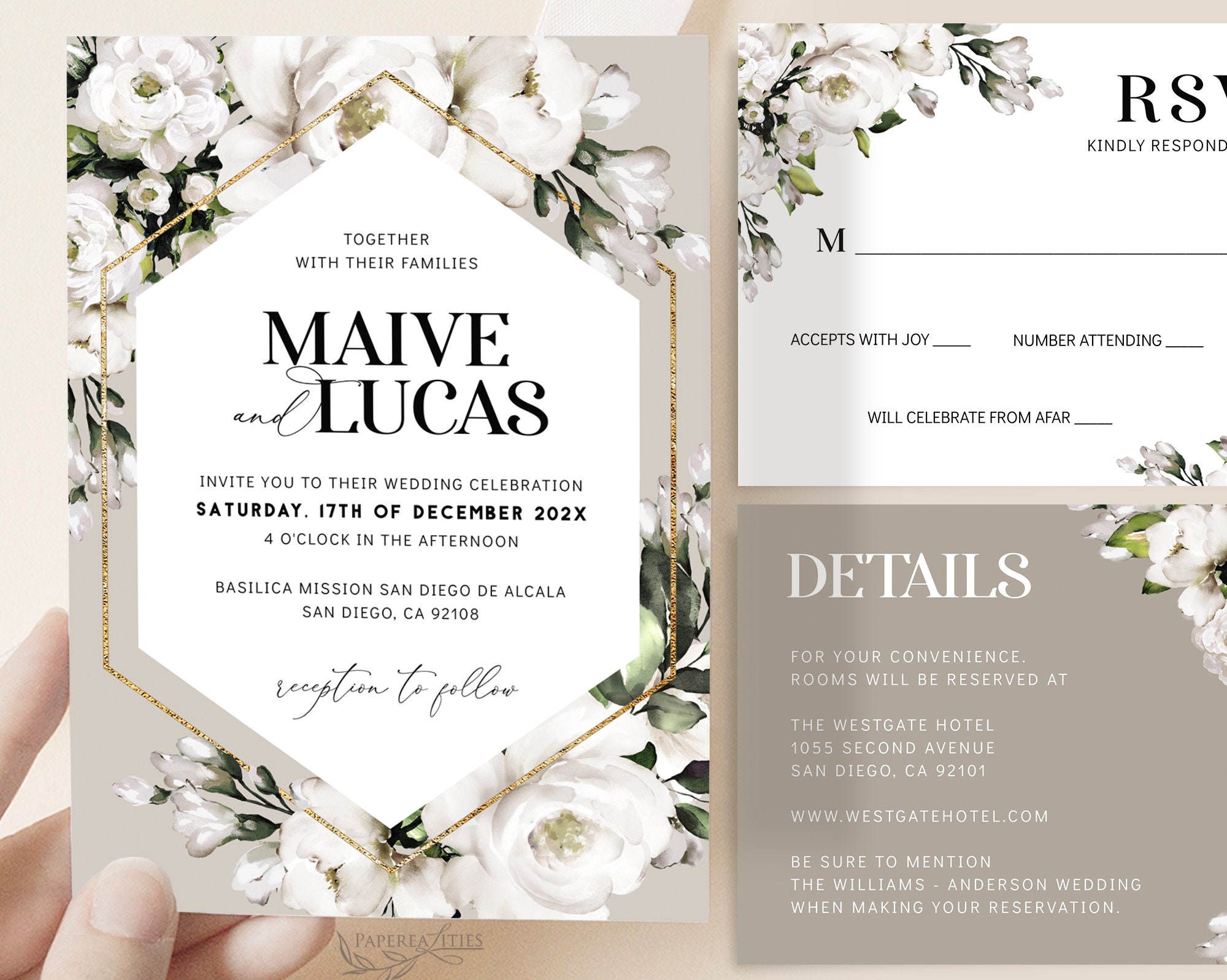 White Floral Wedding Invitation Template Suite (digital Download) - Etsy