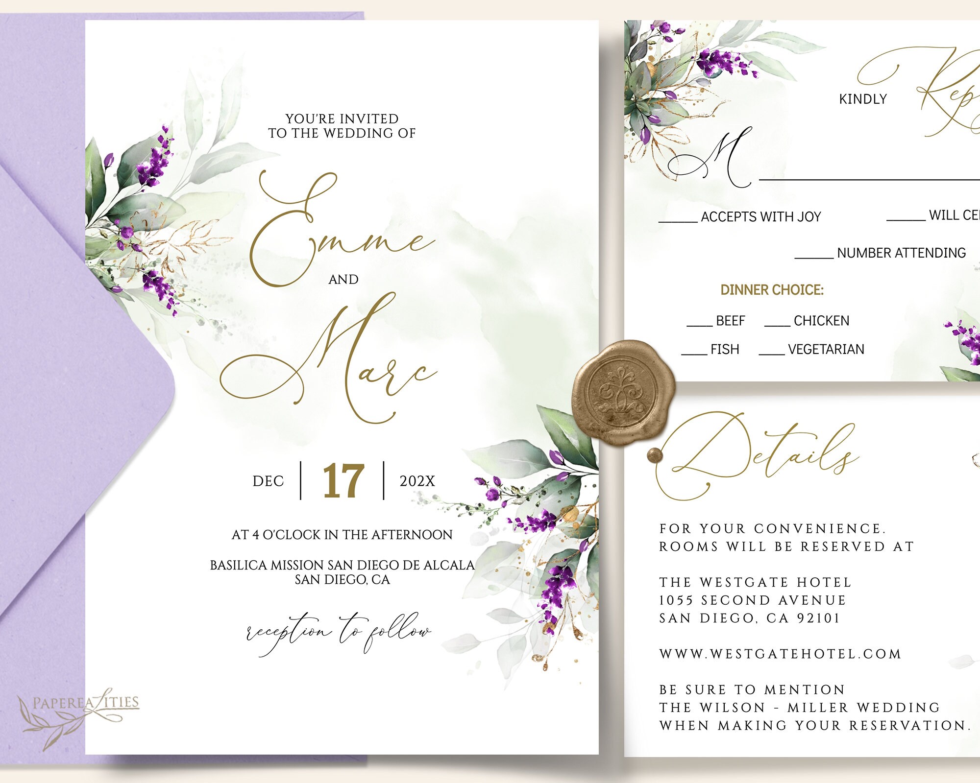 EMME Wedding Invitation Template Green Purple Flowers - Etsy