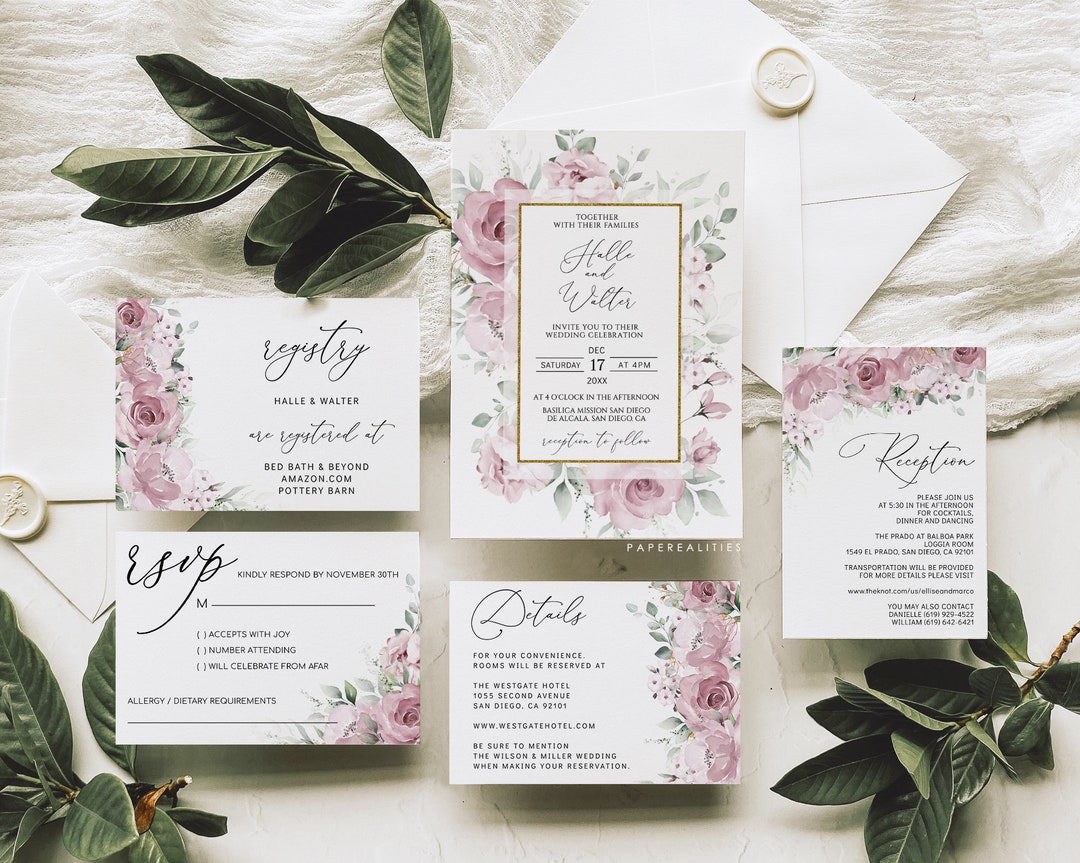 Floral Mauve Wedding Invitation Template Dusty Mauve Sage Wedding ...