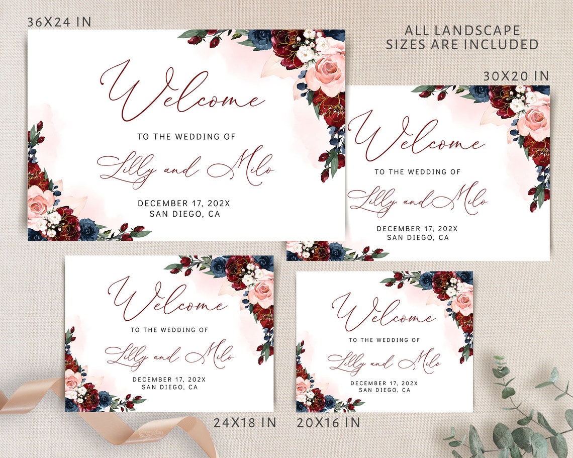 LILLY Navy Burgundy Wedding Welcome Sign Template Floral | Etsy