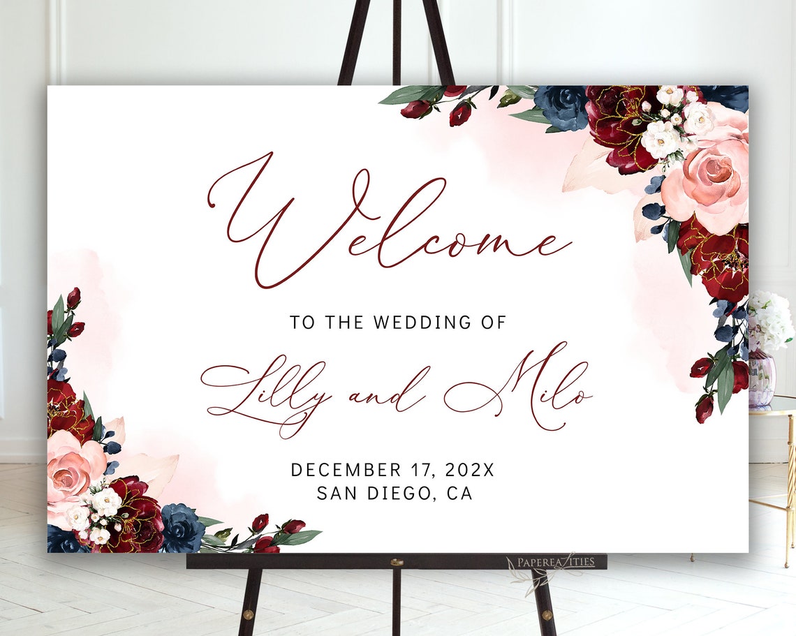 LILLY Navy Burgundy Wedding Welcome Sign Template Floral | Etsy