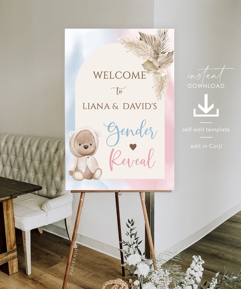 Gender Reveal Welcome Sign Template Boho Bear Gender Reveal - Etsy