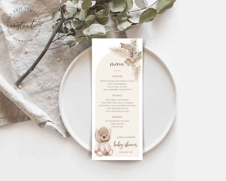 Bear Baby Shower Menu Template Printable Editable Baby Shower | Etsy