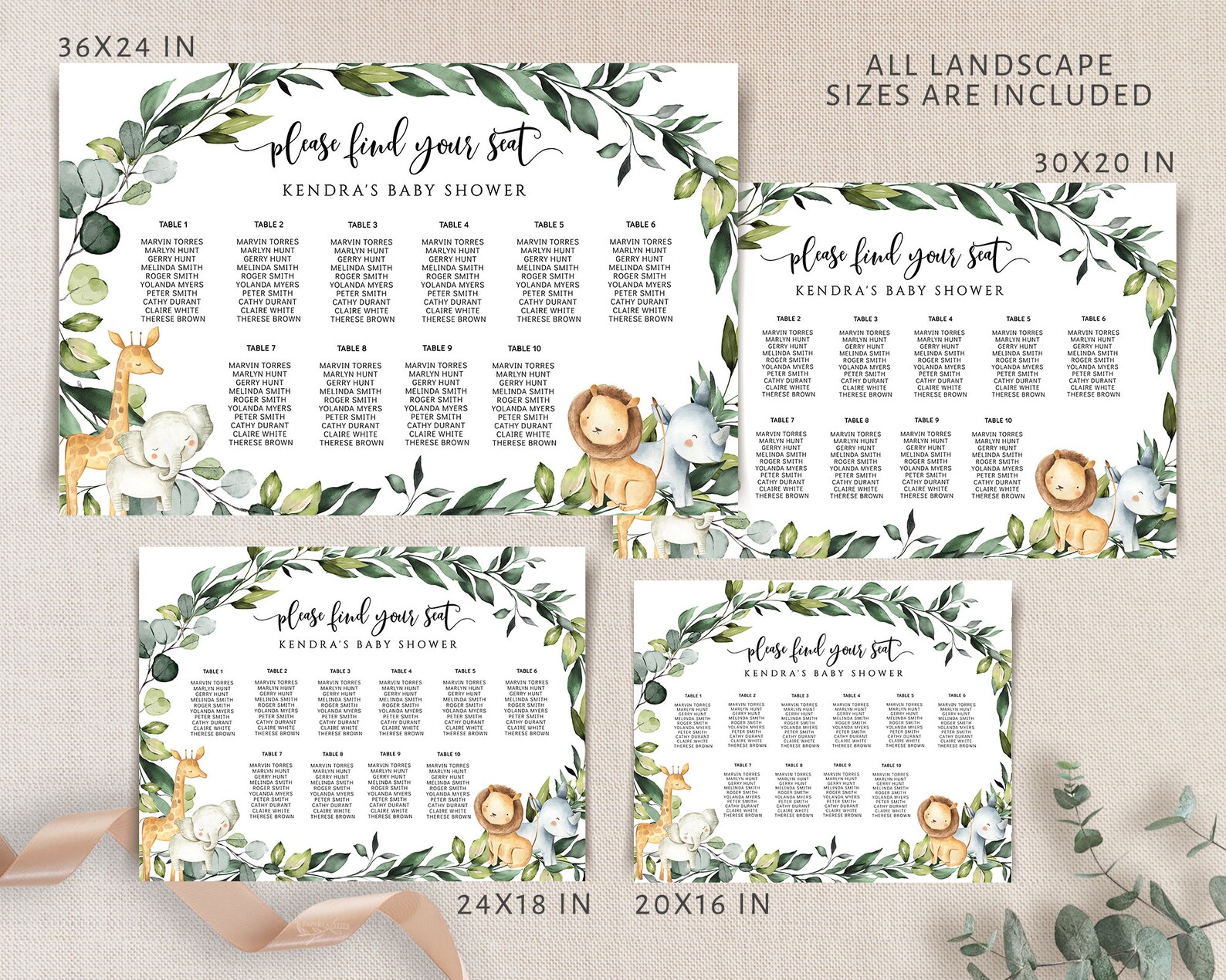SAFARI Baby Shower Seating Chart Template Greenery Safari | Etsy