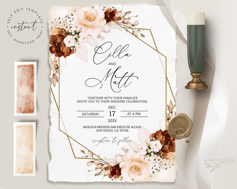 CILLA Rust Boho Wedding Invitation Template Burnt Orange - Etsy